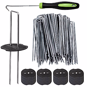 50Pcs Garden Stakes Staples + 50Pcs Gasket, Bakulyor 6 Inch Lawn Landscape Staples 11 Gauge U Shaped Galvanized Landscape Pins, Heavy Duty Yard Ground Pin for Weed Barrier Sod Fabric Decorations - 6"