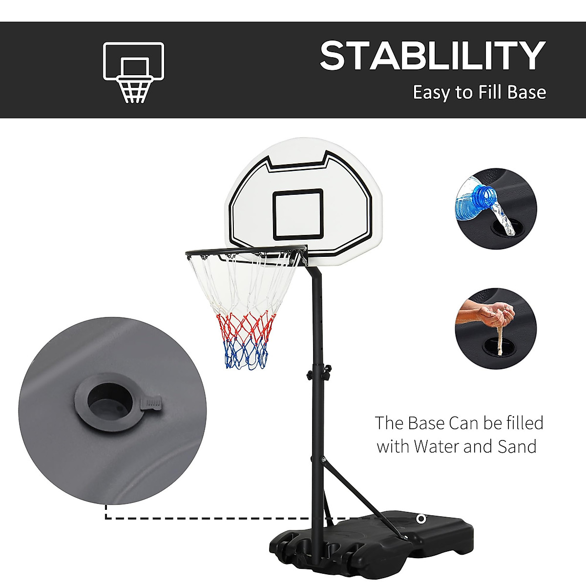 Aosom Poolside Basketball Hoop Stand Portable Basketball System Goal, Adjustable Height 3'-4', 30" Backboard