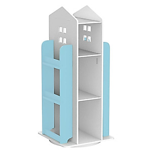 mopam 360° Rotating House Bookshelf 3-Tier Floor Standing Revolving House Bookcase Book Storage Shelf Organizer for Home Office Decor, Blue