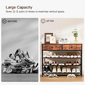 usikey Shoe Rack, 4 Tier Shoe Storage Organizer with 2 Drawers, Metal Shoe Shelf for 12-15 Pairs of Shoes, with 3 Fabric Shelves and Wooden Top, Shoe Stand for Closet Entryway, Rustic Brown