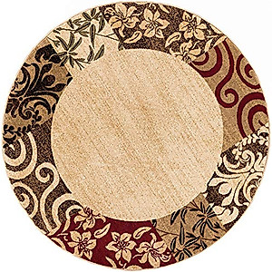Well Woven Verdant Vines Beige Modern Damask Border Rug 8 (7'10" Round) Casual Oriental Easy Clean Stain Fade Resistant Shed Free Contemporary Floral Formal Gradient Soft Living Dining Room Rug