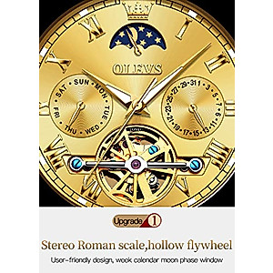 OLEVS Gold Couple Automatic Watches for Men and Women His and Hers Watch Set Gifts Mechanical Self-Winding Tourbillon Big Face Dress Wrist Watch with Day Date Calendar Golden