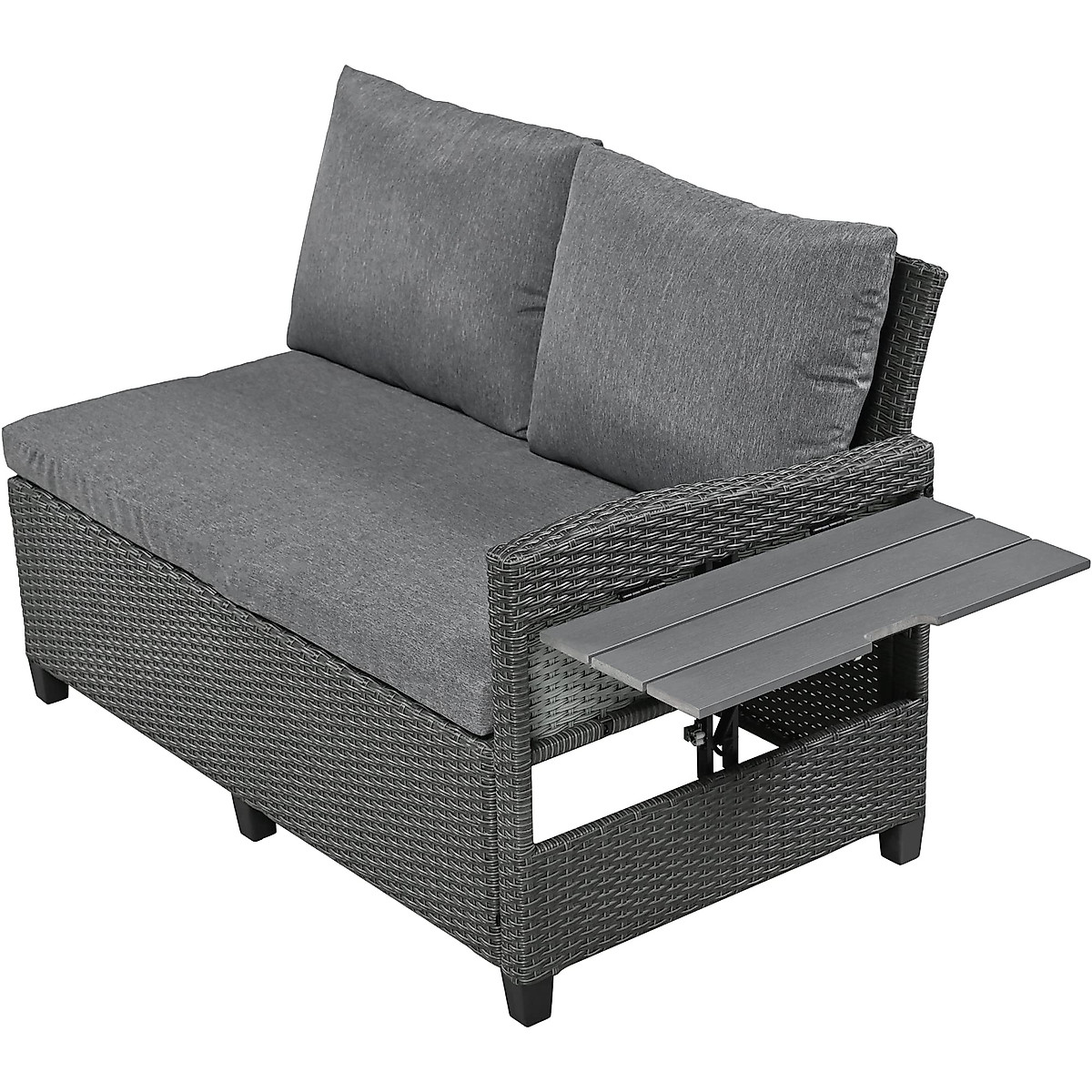 Merax Patio Furniture Sets Outdoor, All Weather Sectional PE Rattan Sofa with 2 Extendable Side, Dining Table and Bench, 5-Piece, Grey