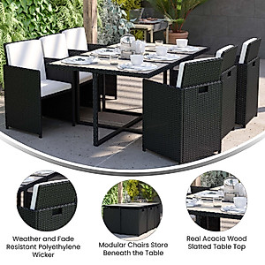 Flash Furniture Peregrine 7 Piece Outdoor Patio Dining Set - Space Saving Black Wicker Modular Chairs & Cream Cushions-Gray Finish Acacia Wood Table-Seating for 6