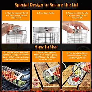 Grill Basket 4 PCS, BBQ Grill Basket, Rolling Grilling Basket, Stainless Steel Grill Mesh Barbeque Grill Accessories, Portable Grill Baskets for Outdoor Grill for Fish, Shrimp, Meat, Vegetables, Fries
