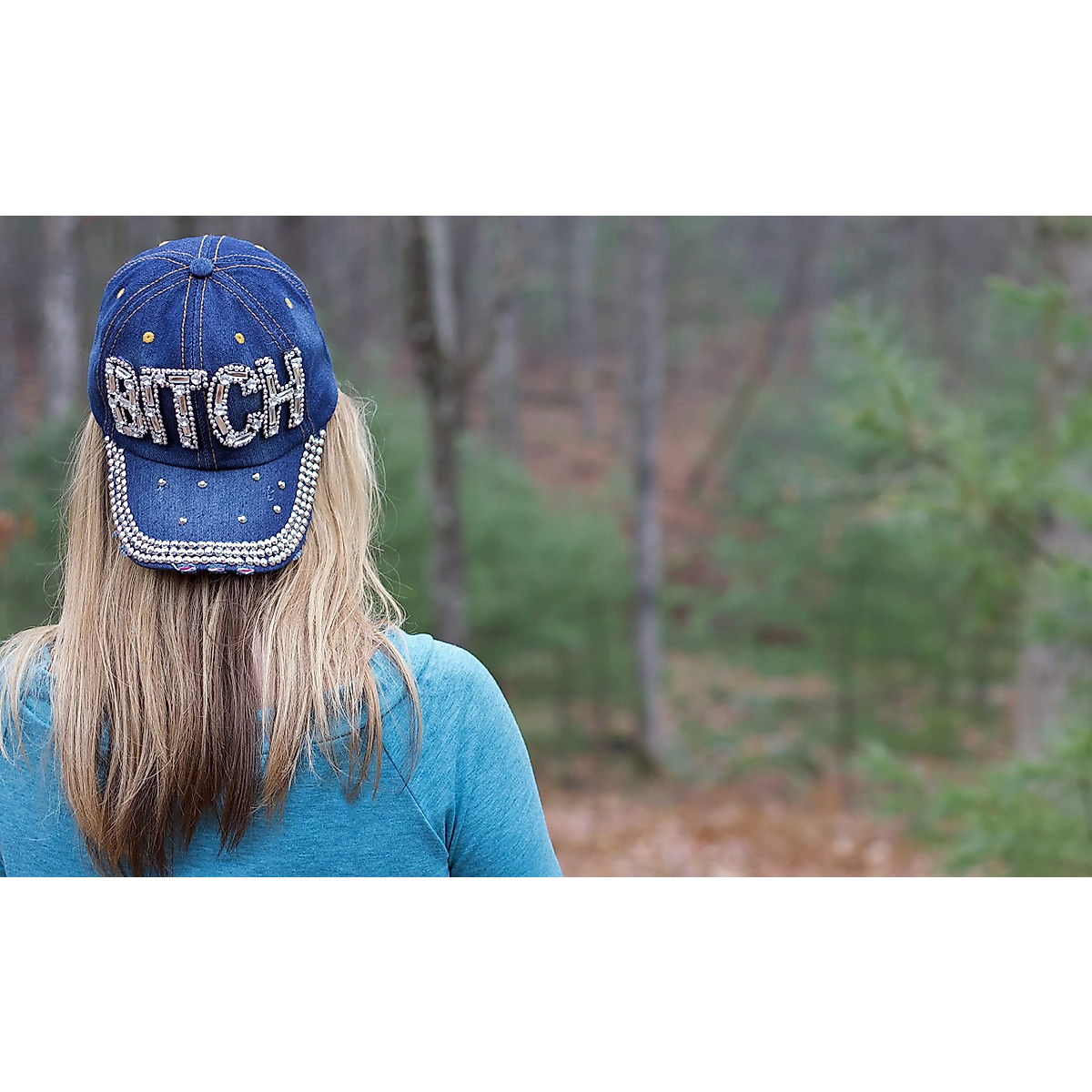 Popfizzy Bling Bitch Hat for Women Rhinestone Hat, Bedazzled Baseball Caps, Distressed Hat, Sparkle Studded Denim Ball Caps (Bitch)