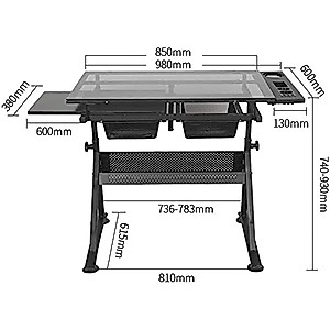 Drafting Desk, Adjustable Glass Drafting Table,Versatile Art Study Table,with Storage Drawers,Art Studio Design Sketching Painting Work Station