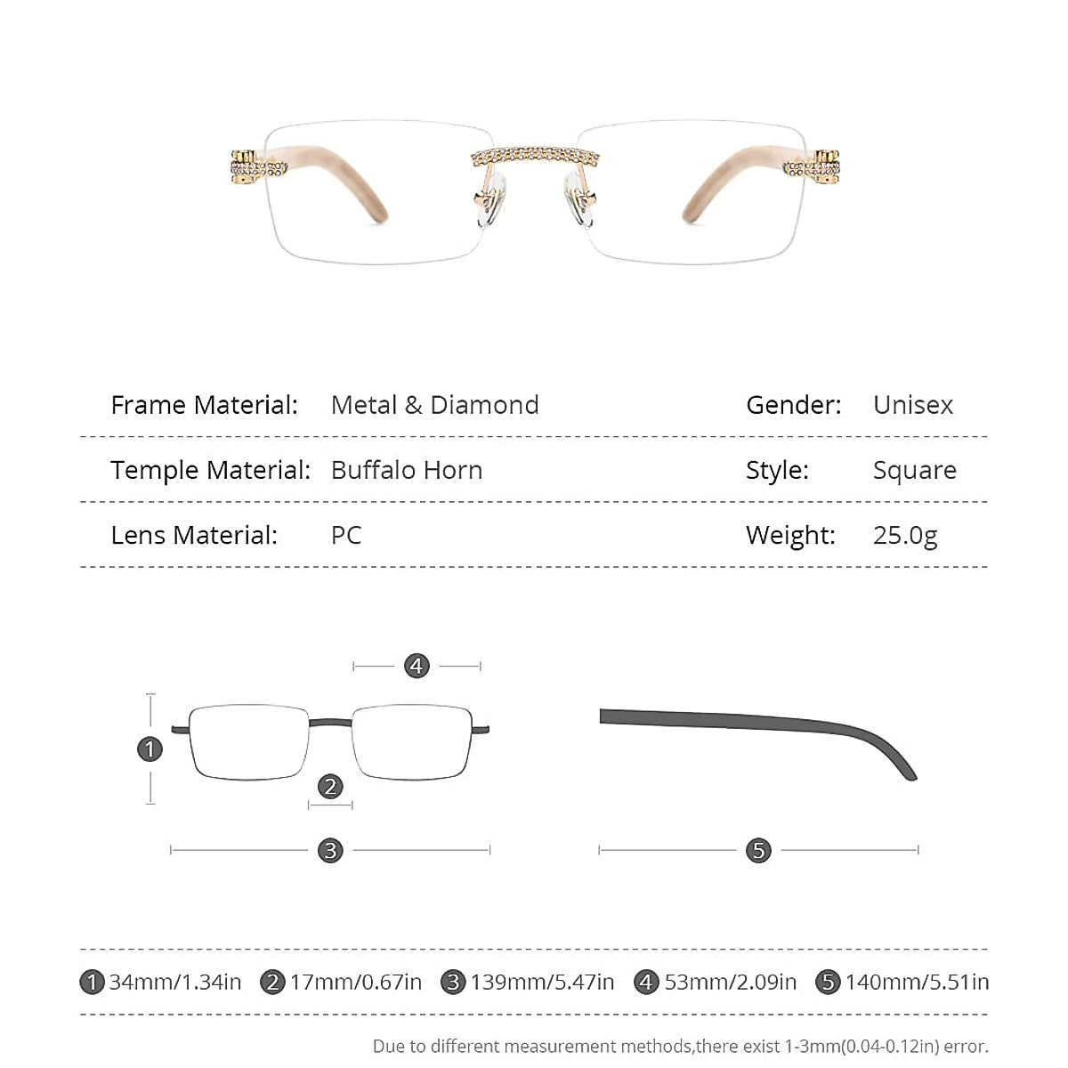 HEPIDEM 100% Really Buffalo Horn Handmade Glasses Rimless Diamonds Eyeglasses 0015 (Diamond White, 53)