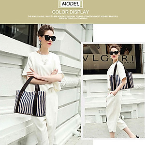 AONIJIE Canvas Work Tote Bag for Women, Medium Teacher Shoulder Bag, Lightweight Handbag Purse with Zipper Fit 13.3 Inch Laptop, Black Strip