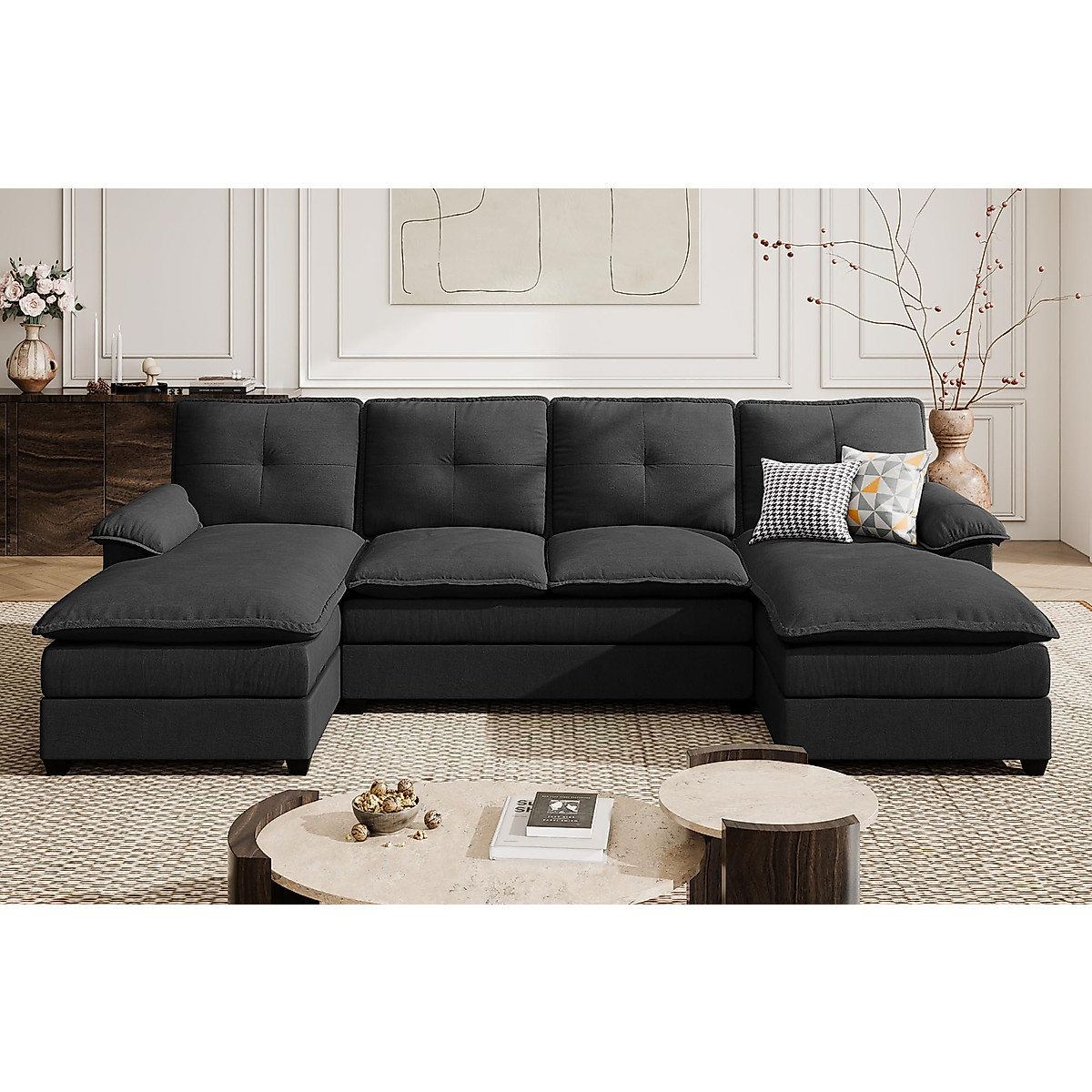 Shintenchi 110" Modular Sectional Couches for Living Room, U-Shaped Sofa Couch with Double Chaise, 4 Seat Sofa Sets with Thick Cushion & Soft Backrest, Black