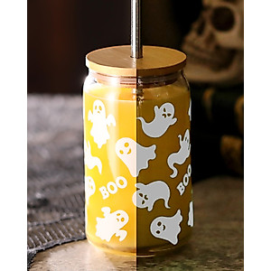 Halloween Ghosts Beer Can Glass Fall Iced Coffee Glass 16 OZ Spooky Mason Drinking Jar Glass with Lid Metal Straw And Cleaning Brush Bubble Tea Cups October Boo! Party Gifts for Him Her Soda, Tea