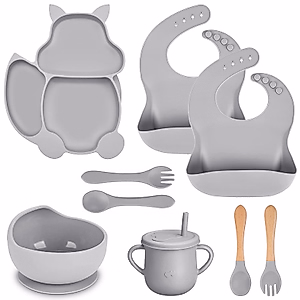 Eiwoda Baby Led Weaning Supplies Silicone Baby Feeding Set, Divided Baby Plates With Suction Baby Bowls,Bibs,Spoon,Fork And Cup with Straw, Toddler Essentials Eating Utensils For Babies