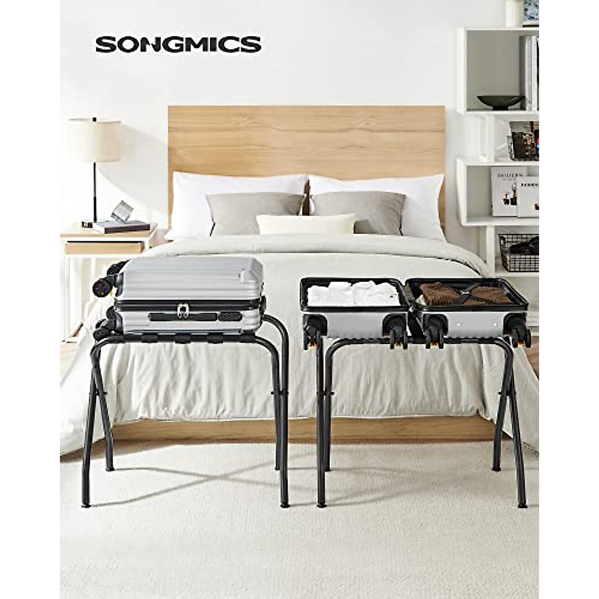 SONGMICS Luggage Rack, Pack of 2, Luggage Racks for Guest Room, Suitcase Stand, Steel Frame, Foldable, for Bedroom, Black URLR64B-2