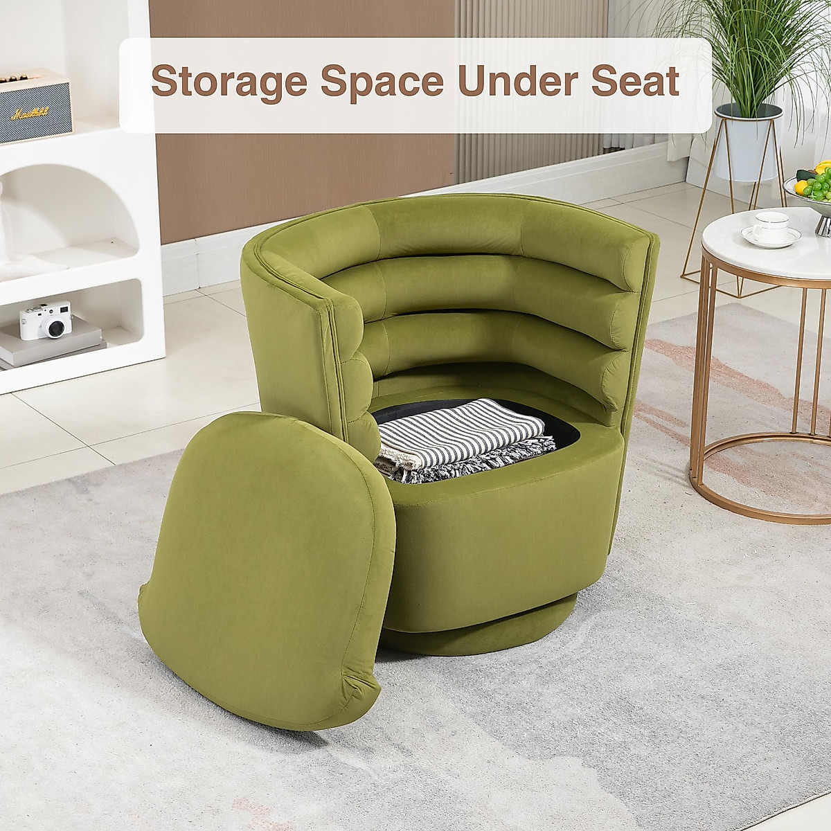 Tmsan Swivel Barrel Chair with Storage, 20.47" W Velvet Round Swivel Accent Chair Comfy Leisure Arm Chair Club Chair for Living Room Nursery Hotel Bedroom Office (Olive Green)