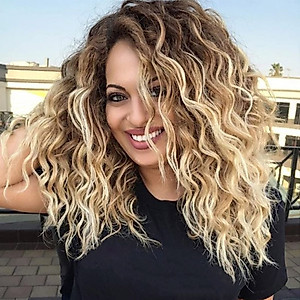 Fencca Ombre Blonde Curly Wigs for Women Medium Length Synthetic Wig Afro Wave Curly Free Part Fluffy Wig 18 inch Curly Wavy Hair Replacement Wig