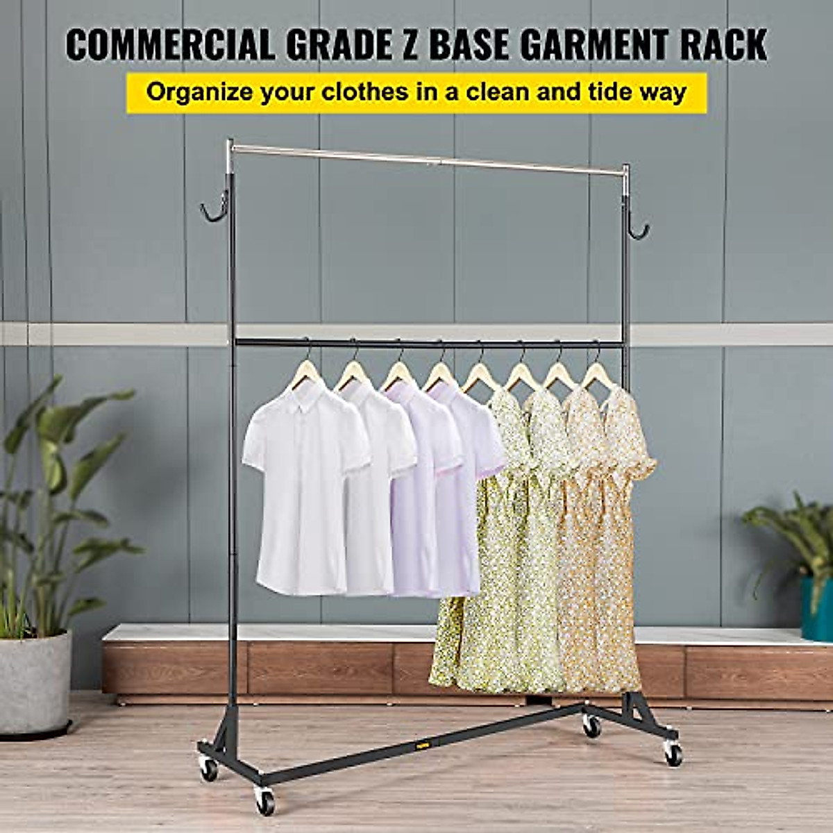 VEVOR Z Rack, 300 lbs Industrial Grade Z Base Garment Rack, 24" x 62" x 85" Height Adjustable Clothes Rack, Heavy Duty Clothing Rack w/ Lockable Casters for Home Store w/ Add-on Hang Rail Black