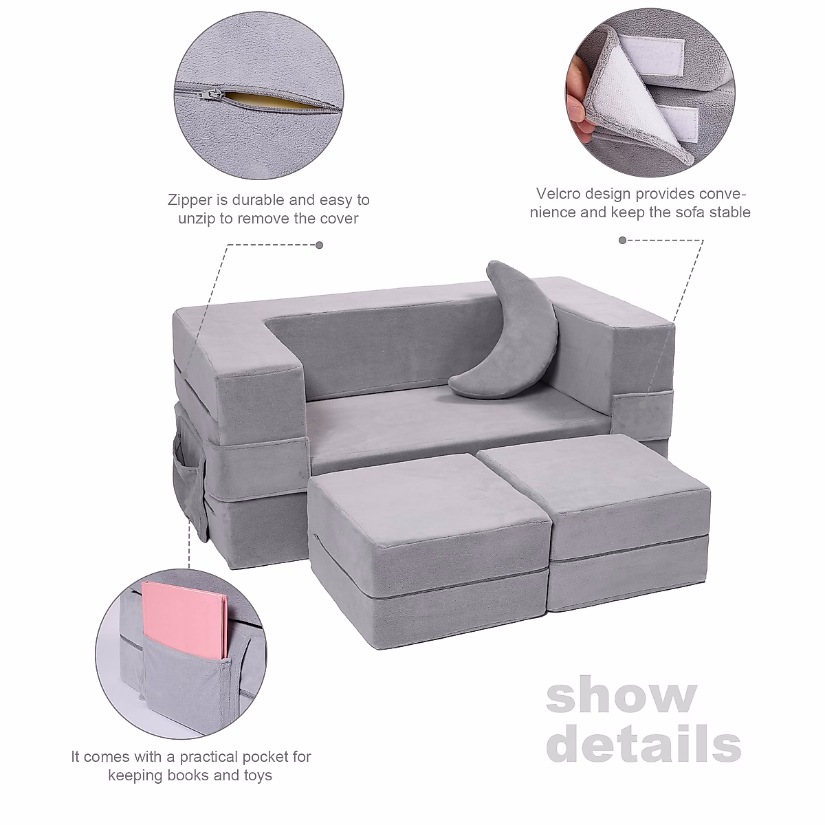 Elftopia Modular Kids Sofa,Toddler Couch Foam Armchair for Kids, Children Convertible Plush Sofa Play Set,Fold Out Sofa Bed(Grey)