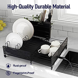 Moderspace Dish Drying Rack, Expandable Dish Rack, Capacity Dish Racks for Kitchen Counter, Dish Drainer with Utensil Holder& Drainboard, Black