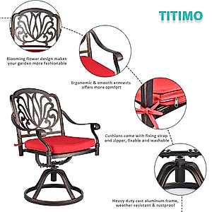 TITIMO 5-Piece Outdoor Dining Patio Set, All-Weather Cast Aluminum Furniture Set Includes 4 Swivel Rocker Chairs with Cushions and 35.4" Square Table with Umbrella Hole for Yard Garden Deck (Red)