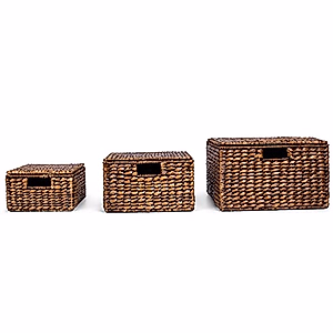 BIRDROCK HOME Seagrass Floor Baskets with Lids - Set of 3 - Brown Wash - Hand Woven Container for Blankets Pillows - Sturdy Metal Frame - Organization - Storage