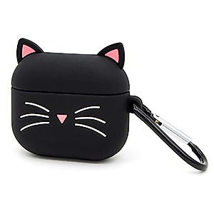 Mouzor Cute AirPods 3 Case (2021), Black Whisker Cat AirPods 3rd Generation (2021) Case Funny 3D Cartoon Animal Shockproof Soft Silicone Charging Case Cover with Carabiner for Kids Girls Boys Women