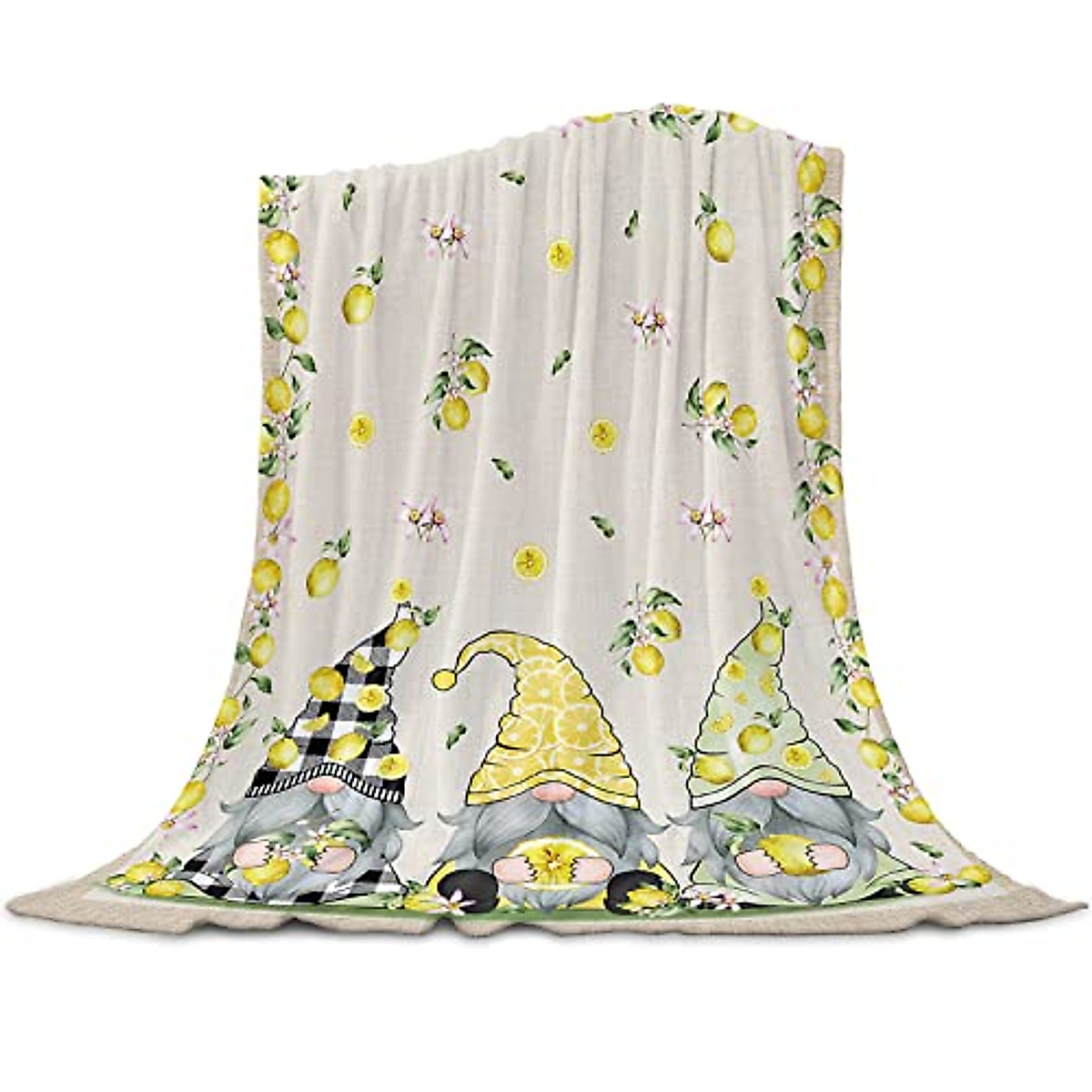 Fleece Blanket Warm Throw Blanket Summer Lemon Gnomes Floral Fuzzy Bed Blanket Comfy Microfiber Flannel Blanket,Lightweight Blanket for Couch,Bed,Sofa,60x80 Inch