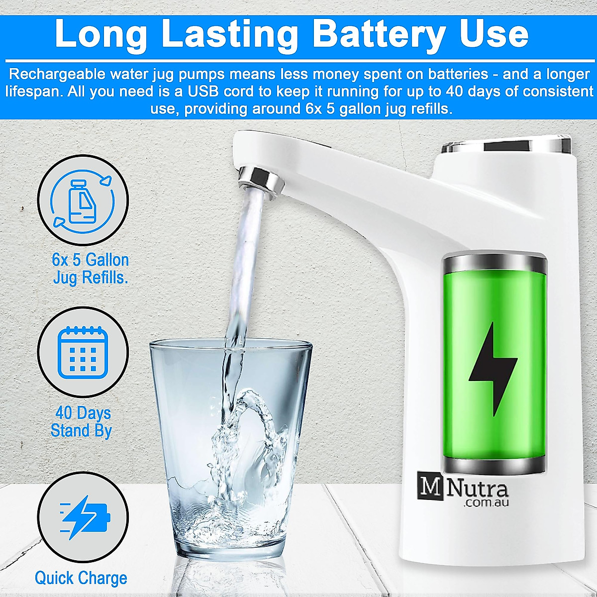 Portable Electric Water Dispenser - 5 Gallon BPA-Free Water Jug Pump - 20oz 600ml One Button Press USB Rechargeable Battery - Compatible with 2-5 Gallon Bottles - for Home, Office, Camping, Outdoors