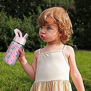 Kids Water Bottle for School, 10oz Boys Girls Insulated Water Bottle with Strap Sleeve, Mermaid Unicorn Stainless Steel Tumbler Cups with Straw Lid, Toddler Water Bottle with 20 Name Stickers