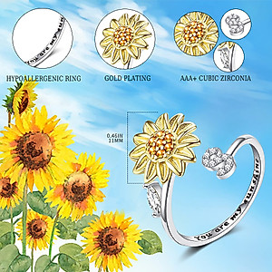 Fidget Rings for Anxiety for Women Sunflower Initial Letter Spinner Ring Open Adjustable Ring CZ Rings Daisy Stress Relieving Ring Jewelry Gift for Women Valentine's Day You are My Sunshine Ring