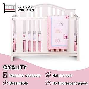 Honkaii Boho Rainbow 3-Piece Crib Bedding Set, Baby Nursery Bedding Sets Including Crib Quilt, Crib Skirt, Crib Sheet, Pink Crib Sets for Girls