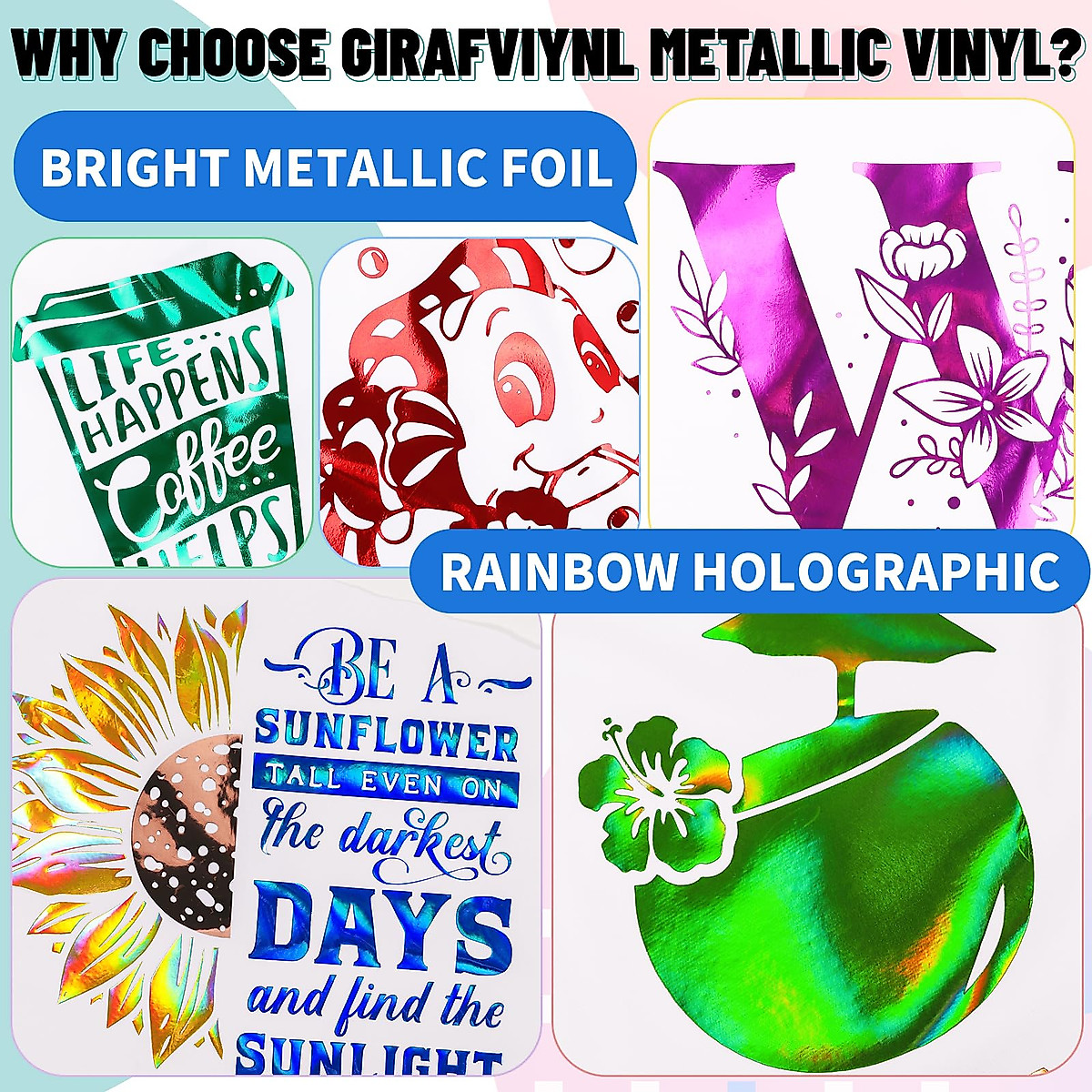 Holographic HTV Vinyl,Holographic Heat Transfer Vinyl - 12" X 12" 12 Sheets Soft Foil Iron on Vinyl for T-Shirts, Metallic Foil HTV Vinyl for Garments