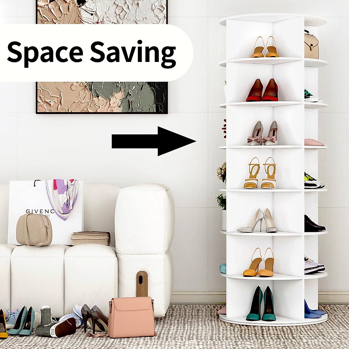 HMEEN 7 Tier Rotating Shoe Rack Tower, Easily Assembled Lazy Susan Shoe Rack, 360° Spinning Shoe Rack Circular Storage, Multi-Purpose Round Shoe Rack, White