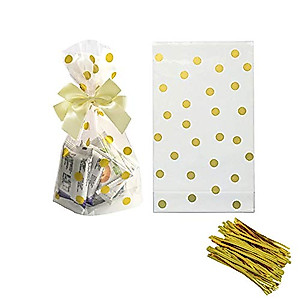 Gold Polka Dot Clear Cello Candy Favor Bags,Cellophane Cookie Treat Plastic Bags,with Gold Twist Ties, Pack of 50
