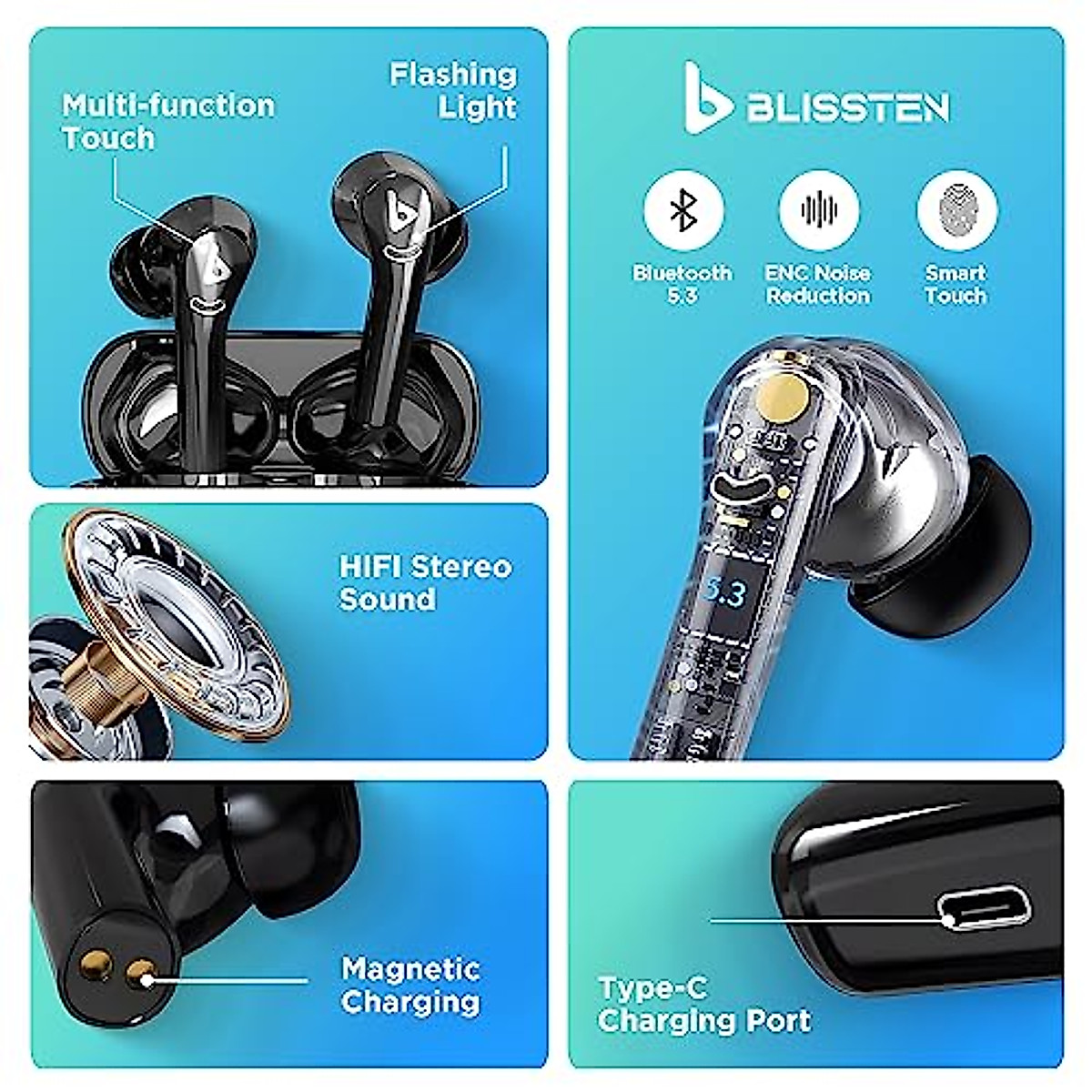 BLISSTEN Wireless Earbuds Bluetooth Headphones 5.3 with Cleaning Pen Tool Touch Control Wireless Charging Case IPX6 Waterproof Earphones in-Ear Noise Cancelling Built-in Mic Deep Bass Sound Black