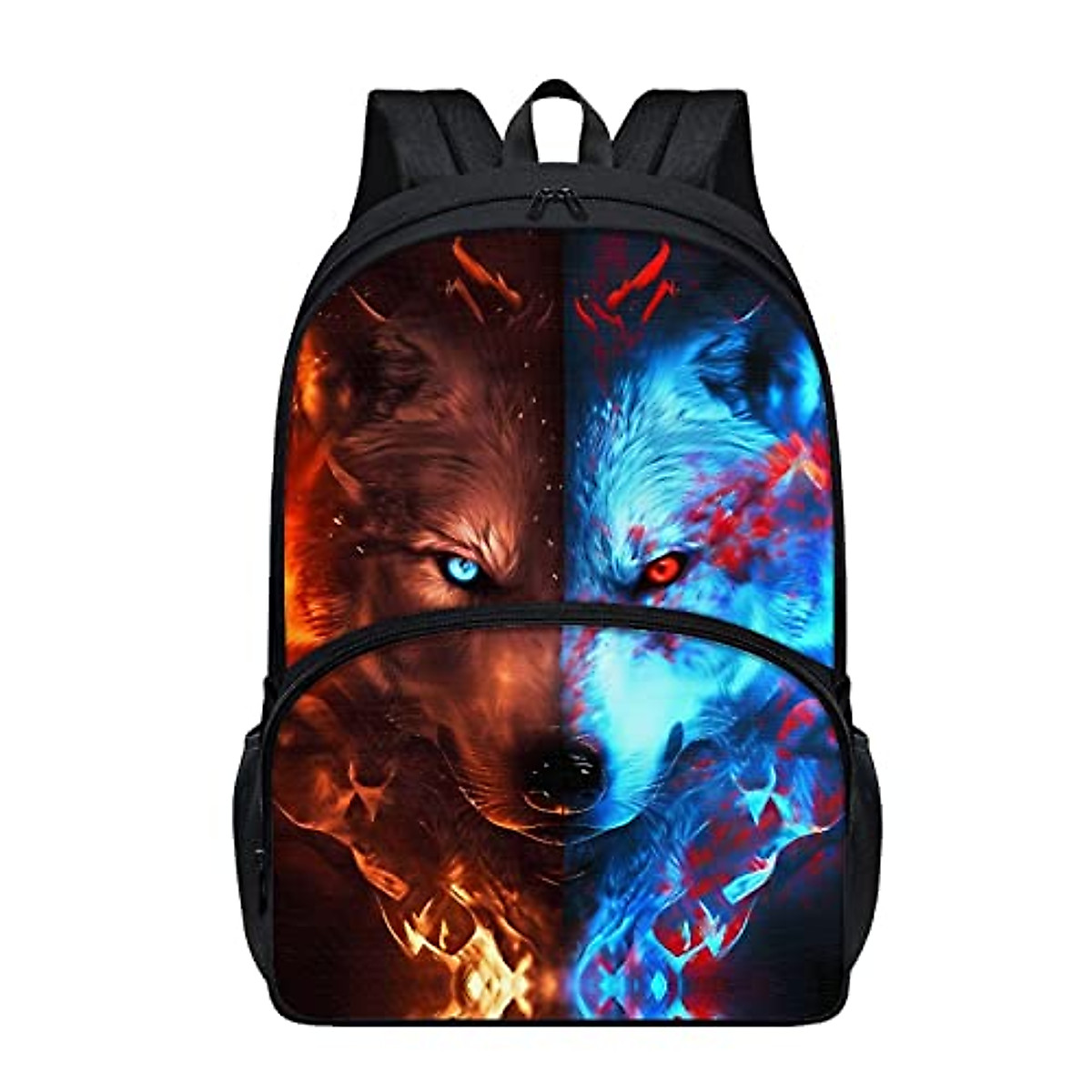 DMOYALA Cool Boys Backpack Fire and Ice Wolf Backpacks Girls Wolf School Bookbag Wolf School Bag Casual Lightweight School Backpack 17 Inch Backpack for 8-12