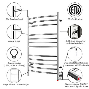 HEATGENE Towel Warmer Wall Mount Electric Plug-in/Hardwired Heated Towel Rack Mirror Polish