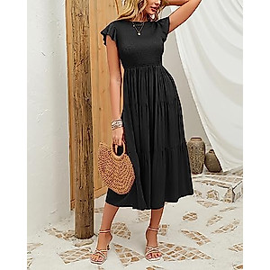 Holipick Women's Summer Casual Dress Short Sleeves Crew Neck Smocked High Waist Tiered A-Line Midi Dress M Black