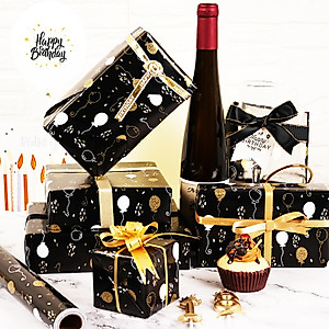 Birthday Wrapping Paper Roll - Matte Black and Gold Foil Gift Wrapping Paper for Women Men Boys Girls, Gold Foil Balloon Design Gift Wrap for Birthday Father’s Day Graduation, 17 Inch X 33 Feet
