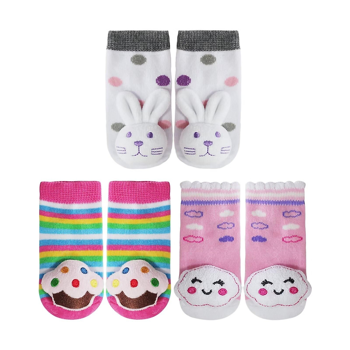 PUPPET Baby Girl Rattle Socks Set for 0-6 Months Cute Infant Socks with Plush Bunny Design