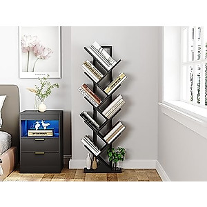 Yusong Tree Bookshelf, Geometric Bookcase with Steel Pipe for Living Room Bedroom, Floor Standing Books Shelves for Home Office (Black, 9 Tier)