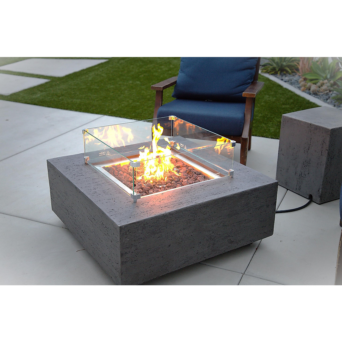 AMS Creations | Albany Square Natural Gas Outdoor Fire Pit Table | Concrete GFRC Fire Pit Table | with SS Burner, Canvas Cover, SS Lid, Lava Rock, and Wind Guard Included (Fuel Type: Natural Gas)
