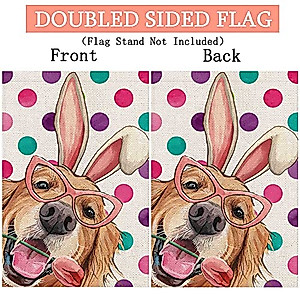 Easter Dog Garden Flag for Outdoor 12x18 Double Sided,Golden Retriever with Flowers Bunny Ears Dots Small Yard Flag,Seasonal Decors for Spring Outside Farmhouse Holiday