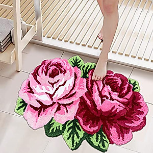 ABREEZE Rose Rug Rose Carpet Pink Plush Bath Mat Door Mat Nonslip Bathroom Rug Flower Rug Kitchen Area Rugs Modern Living Room Rug, Pink