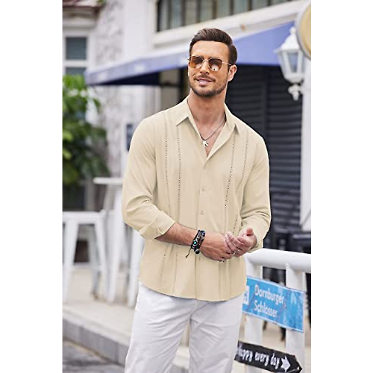 COOFANDY Men's Linen Shirts Casual Cuban Guayabera Shirt Long Sleeve Beach Shirts Beige