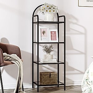 Hzuaneri Bookcase Bookshelf, Tempered Glass Bookshelves, Slim Shelving Unit for Bedroom, Bathroom, Home Office, Steel Frame, 4 Tier Black BC04001B