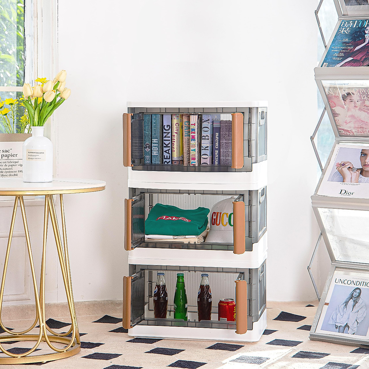 AVUX 8.5 Gallon White Stackable Storage Bin with Front Open Doors and Organizing Lid (Pack of 3)