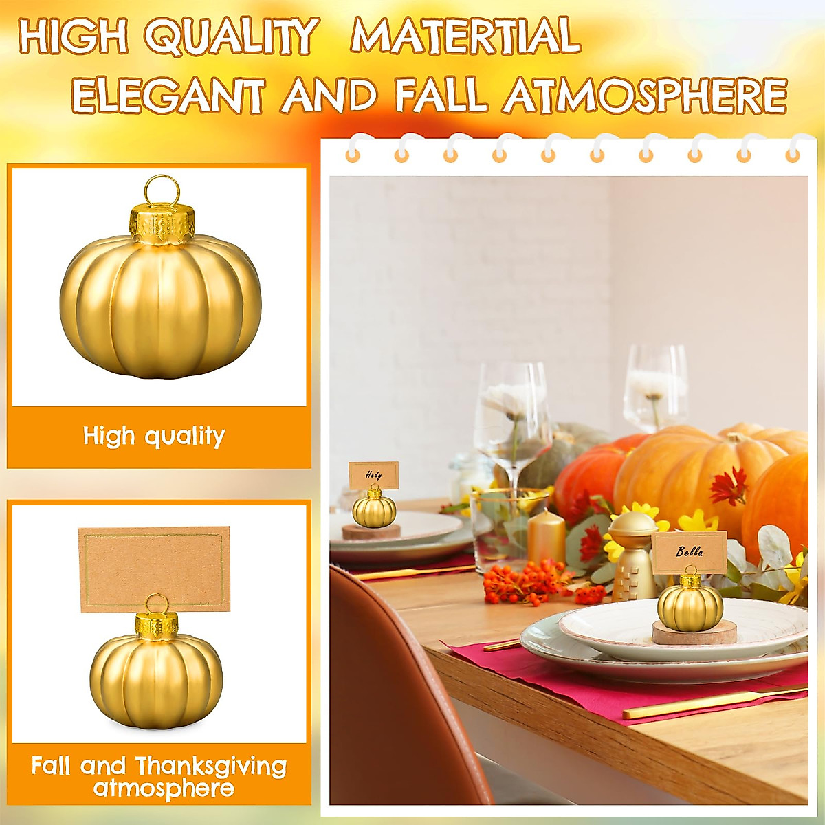 Soaoo 24 Set Thanksgiving Glass Harvest Pumpkin Place Card Holders with Thanksgiving Greeting Cards Fall Pumpkin Decor Table Name Holders Table Sign Card Holder for Thanksgiving Wedding Party (Gold)