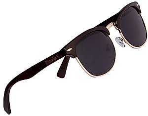 Woodies Wood Semi Rimless Sunglasses Polarized Black Lenses for Men & Women - Beach Ebony Wooden Frame - 100% UVA UVB Ray Protection