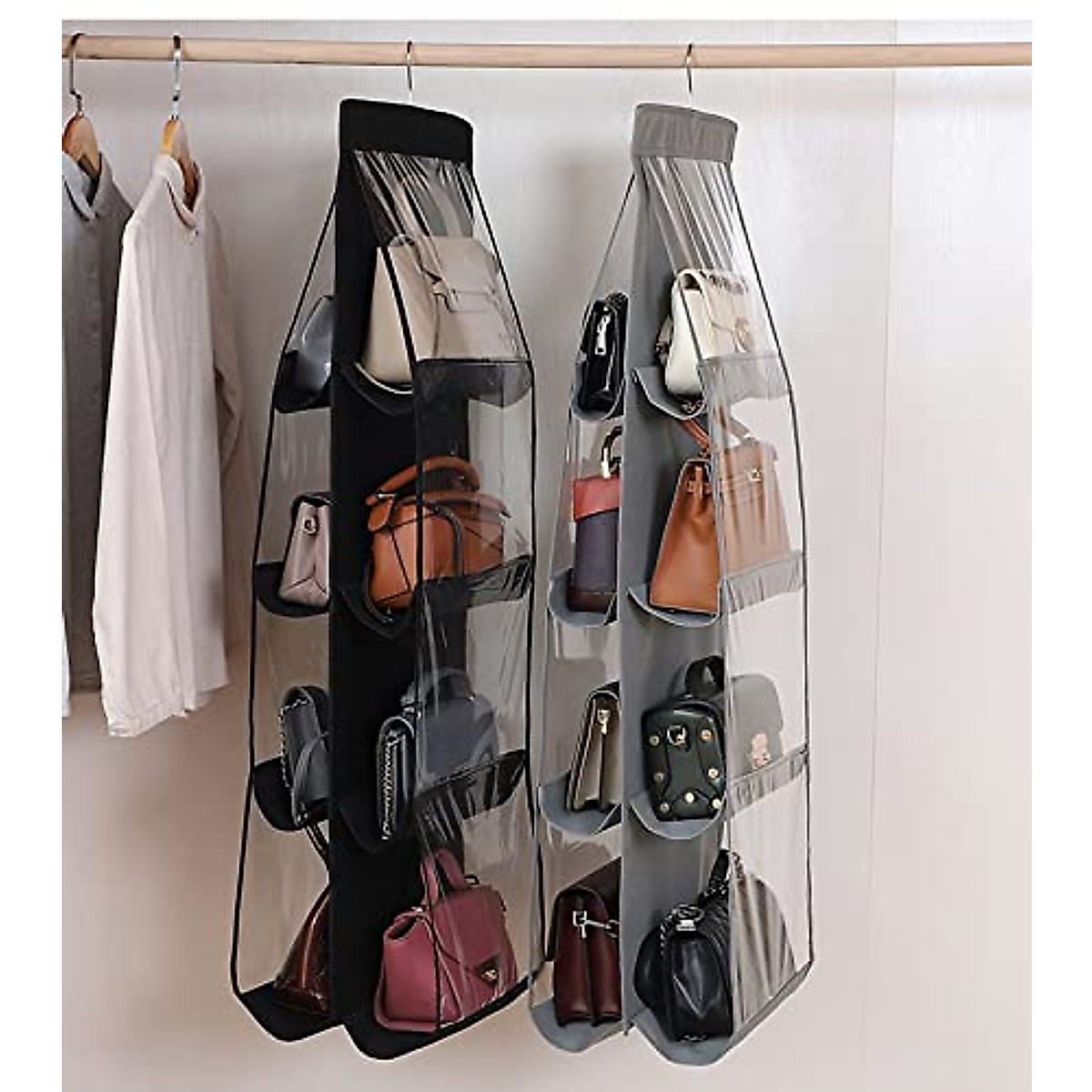 RAUYIVANY 2 Packs Hanging Handbag Purse Organizer, Hanging Purse Organizer Bag Storage Hanger Closet Organizer with Metal Hook, 8 Clear Pockets for Home Closet Bedroom(Grey and Black)
