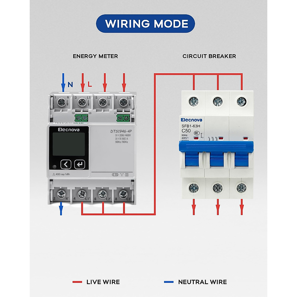 Elecnova 6-63A Miniature Circuit Breaker, AC 3 Pole 400V, DIN Rail Mounted 50 amp Breaker, Thermal Magnetic Trip, 110V / 120V Available, Overload, Short-Circuit Protection